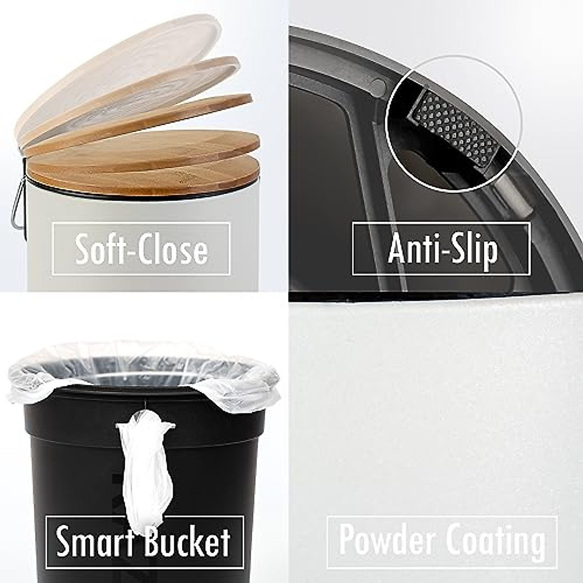 Kazai.®️ Bamboo Bathroom Trash Can | Soft Close and Slip-Resistant | 3L / 0.8 Gall. | Stainless Steel | White