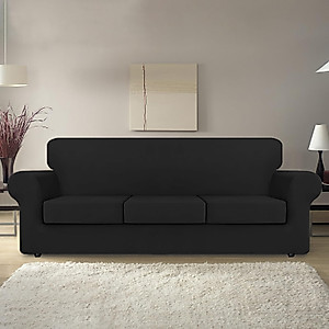 KEKUOU 4 Pieces Stretch Couch Covers for 3 Cushion Couch Sofa pet Friendly， Sofa Covers Washable Soft Elastic Dogs Furniture Protector(Sofa,Black)