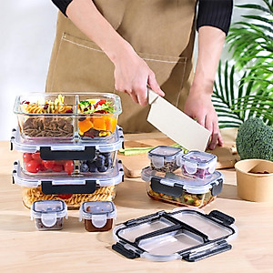 Moretoes 26Pcs (8 Food Storage Containers, 8 Lids and 10 Silicone Food Trays) Meal Prep Containers Glass Food Storage Containers with Lids, Leak-proof Sealed Storage Containers for Lunch Microwave