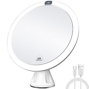 KEDSUM Upgraded 9" Rechargeable 10x Magnifying Makeup Mirror with Lights, Dimmable Lighted Vanity Mirror with Magnification and A Large Suction Cup, Touch Button, 360 Degree Rotation