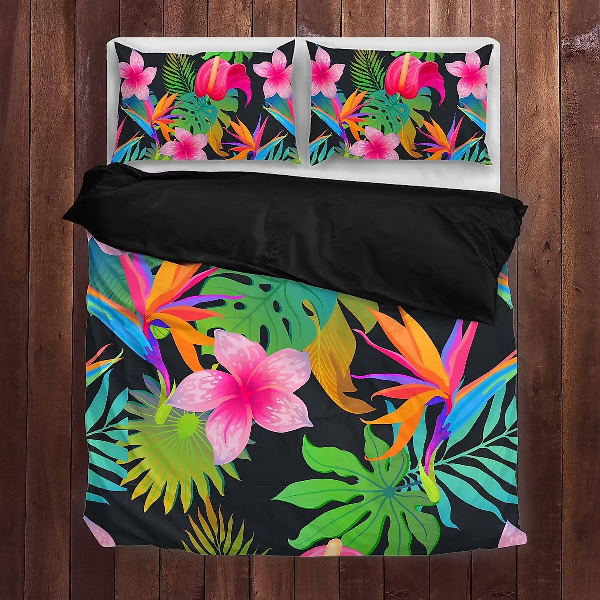 gearider Hawaiian Plant Pattern Black Bedding Set of 3, Ultra Soft Tropical Plumeria Floral Leaves Duvet Cover Set with Zipper Closure - Size Queen