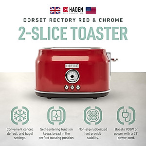 Haden Dorset 2 Slice Wide Slot Stainless Steel Toaster with Adjustable Browning Control & Non-Slip Feet, Rectory Red