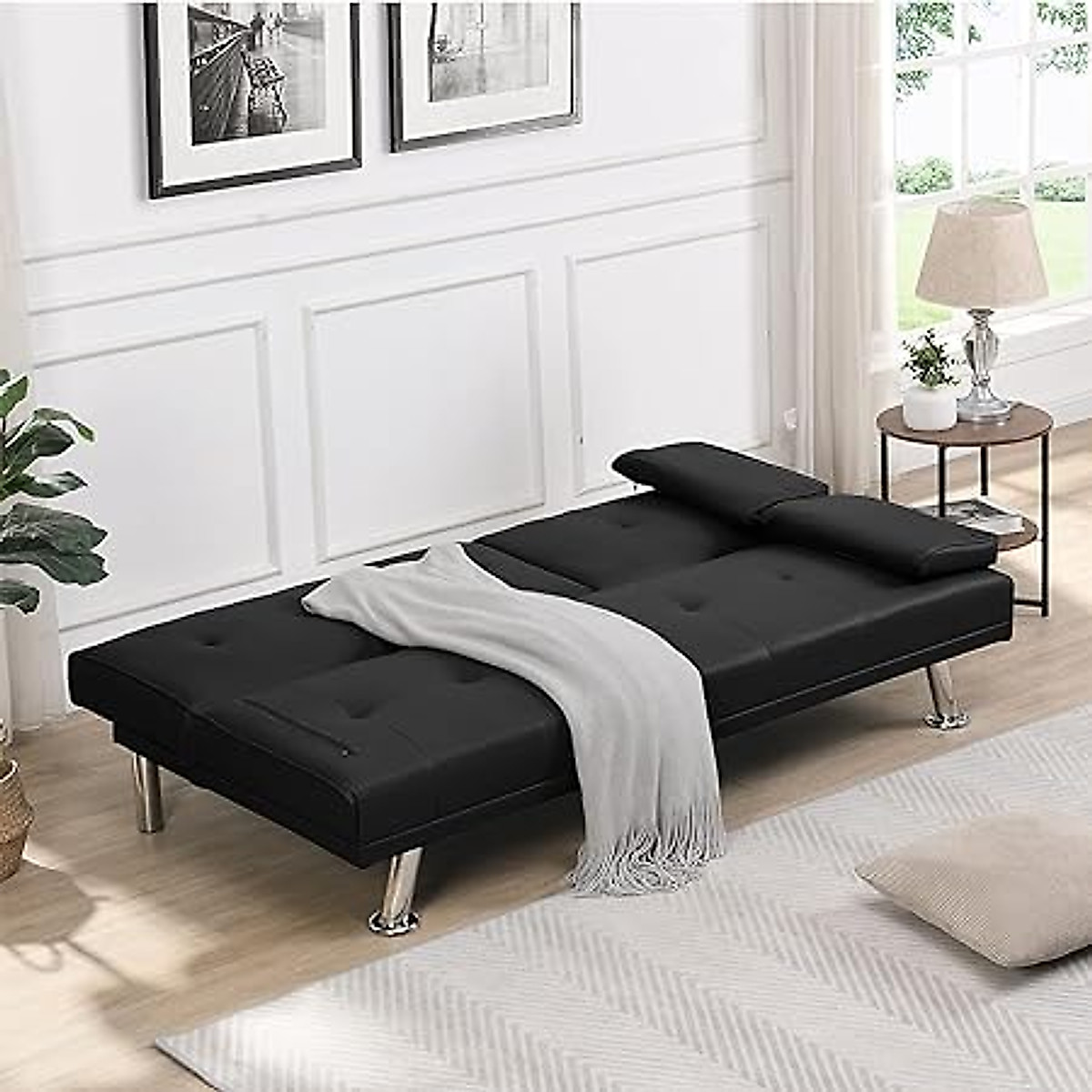 Anwickmak Convertible Futon Sofa Bed,PU Leather Modern Couch Loveseat Sleeper, Folding Daybed Guest Bed, Removable Armrests, 2 Cup Holders, Metal Legs (Black)