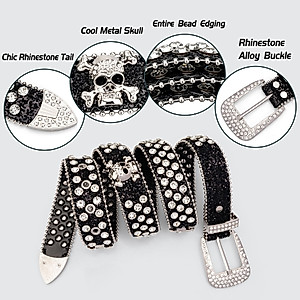 macoking Mens Rhinestone Belt Womens Y2K Bling Skull Western Belts for Jeans, Black, L
