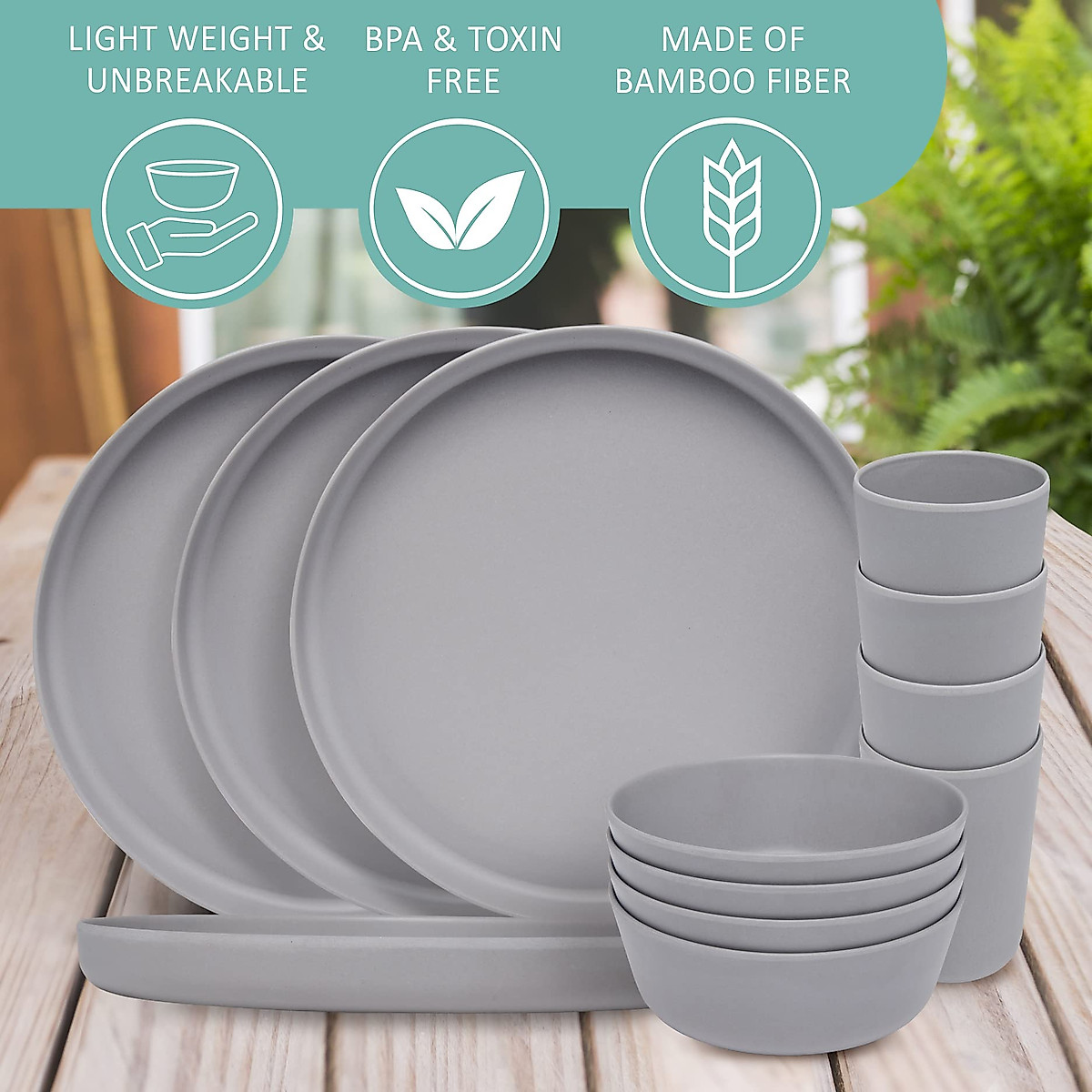 Stephan Roberts Bamboo Dinnerware Set, Eco-Friendly Bamboo Fiber Dinnerware, Dishes Set for 4, Includes Plates, Bowls & Cups, Reusable Unbreakable Dishware Set, Gray, 12PC Dinner Set