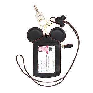 QiMing Mouse Ears Card holder,PU Lovely Lanyard Family Toys for Girl Woman(Black)