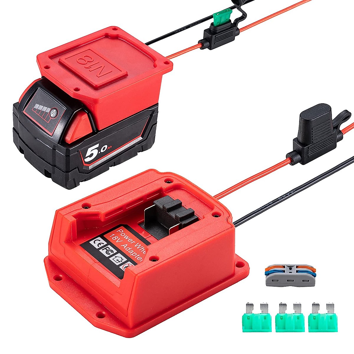Power Wheel Adapter for Milwaukee 18V Lithium Battery Adapter with Fuse & Wire Terminal,14 Gauge Wire Power Convertor for DIY RC Trucks, RC Toys, Robotics, Work Lights
