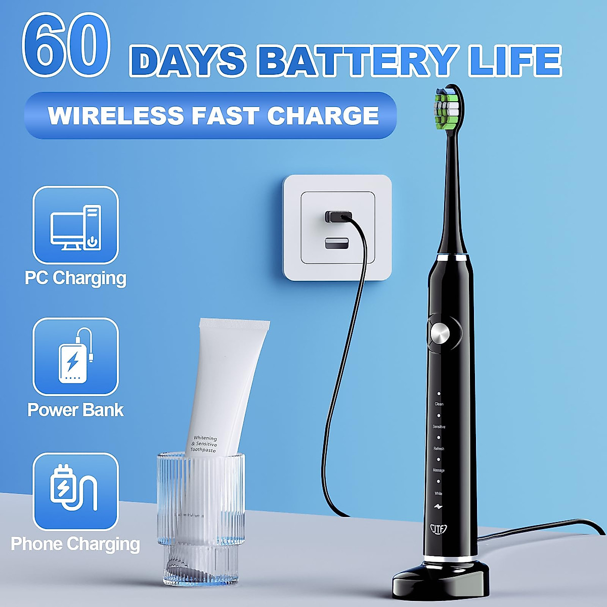 JTF Sonic Electric Toothbrush for Adults - Teeth Whitening Toothbrush with 6 Brush Heads and a Travel Case, Fast Charging for 60 Days Use Waterproof Toothbrushes, Black