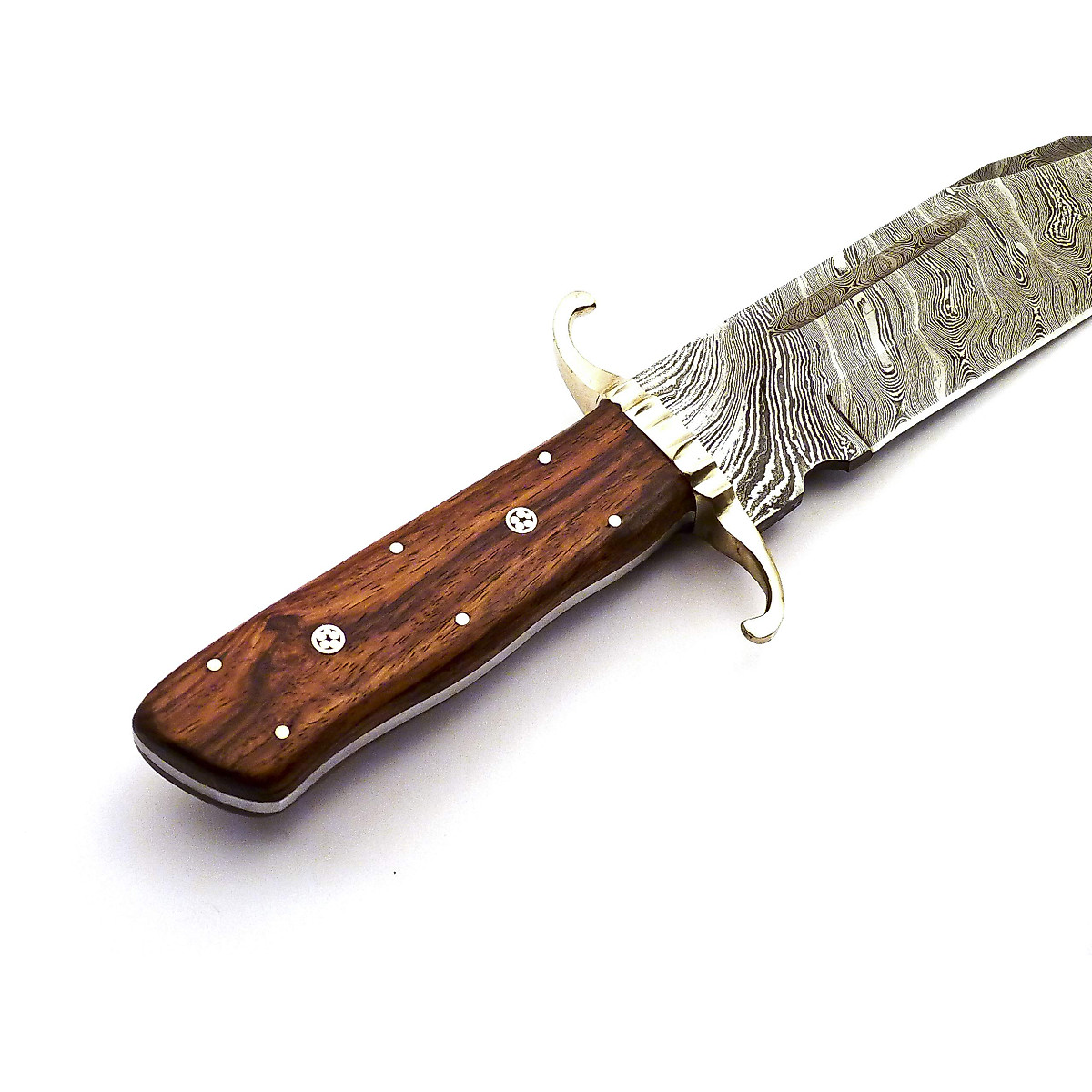 Skokie Knives Custom Hand Made Damascus Steel Hunting Bowie Knife Handle Walnut Wood With Mosic Pins And Brass Guard