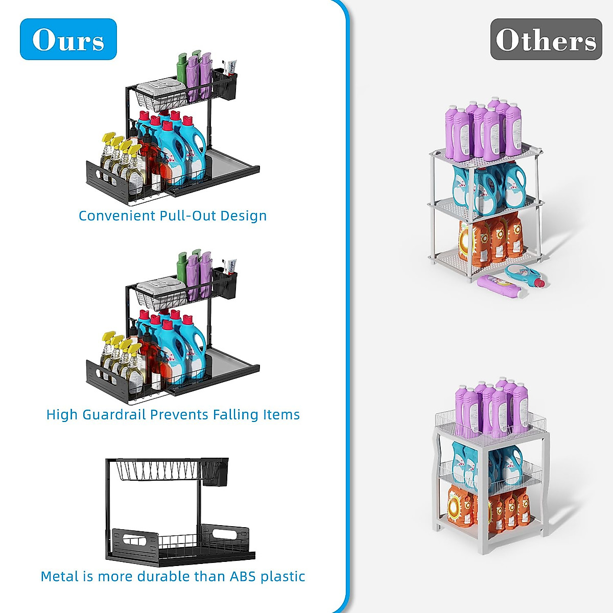 untovei 2 Pack Under Sink Organizer, Metal Pull Out Under the Sink Organizer Bathroom,2 Tier under kitchen sink organizers and storage with hanging cups,Under Sink Mat for Bathroom/kitchen/cabinet