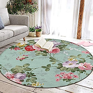 Luxury Soft Round Area Rug Home Decor for Bedroom Living Room Office, Shabby Chic Flowers Roses Pedals Dots Leaves Buds Spring Season Theme, Fashion Throw Rug Circle Carpet, 5ft Diameter
