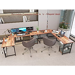 SZXKT L Shaped Desk with Power Outlets,66 inch Corner Computer Desk with Drawers,Gaming Desk Home Office Writing Study Table Reversible L Desk with Storage Shelves and Hooks(Rustic Brown)