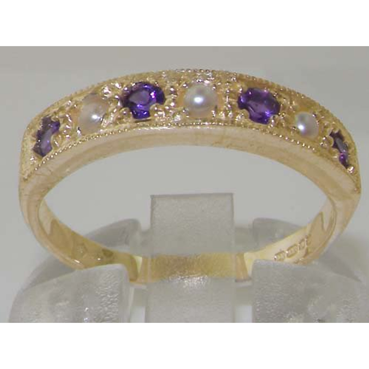 LetsBuyGold Solid 10k .417 Yellow Gold Cultured Pearl and Amethyst Womens Band Ring - Sizes 4 to 12 Available