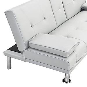 anwickjeff Convertible Folding Futon Sofa Bed with Metal Legs & 2 Cupholders, Modern Faux Leather Upholstered Couch Loveseat Sleeper, Folding Couches Bed, Removable Armrests for Small Spaces (White)