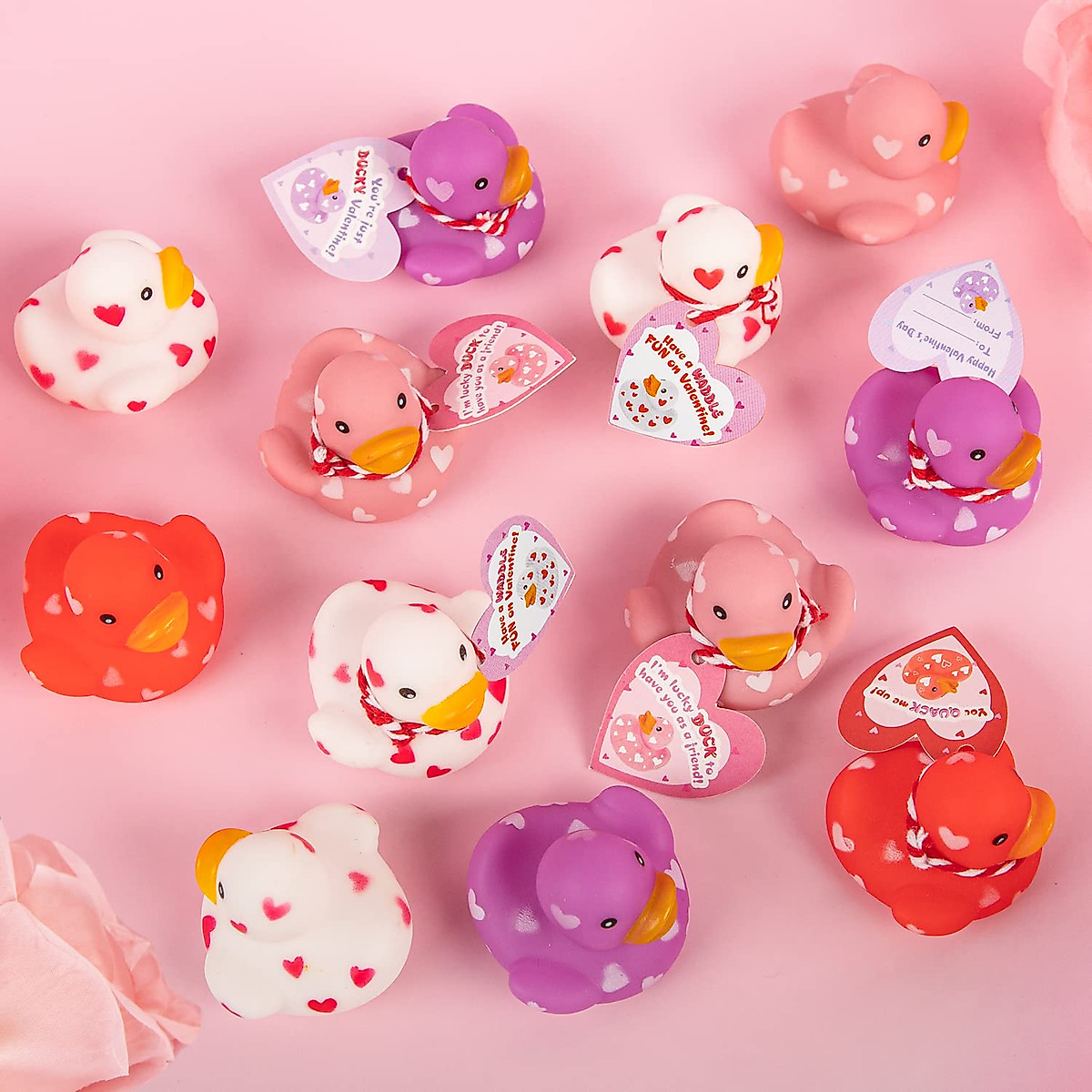 Kiddokids 28 Packs Valentines Day Gift Cards with Cute Mini Rubber Duck 2.4x2.4 Bath Toys for School Classroom Valentine’s Exchange Greeting Cards