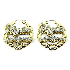 Personalized Custom Gold Hoop XOXO Earrings Name Plate Laser Cut Design Stunning Look - Quality, Attractive Gold Hoop Earrings With Swirls Heart and Crown on Top, Made To Order - 2.5 INCHES size