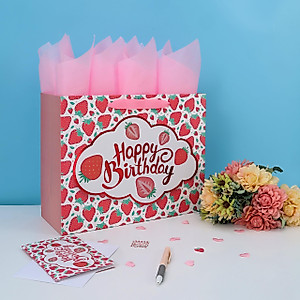 13” Large Strawberry Happy Birthday Gift Bag Set with Handles, Greeting Card, Tissue Papers and Stickers for Girls Kids Teens Women, Fruit Themed Birthday Design, 1 Pcs