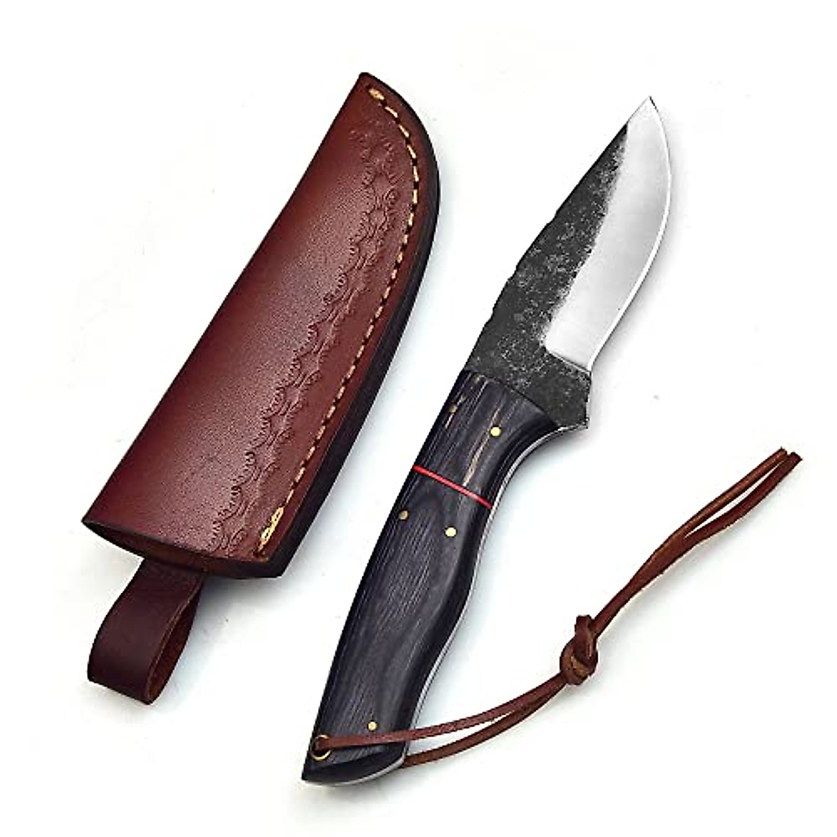 ZEASNA ZE-HK-51 Handmade Carbon Steel hunting knife with Leather Sheath Outdoor Full Tang Fixed blade Bushcraft Knife, survival knife for Hunting Camping Skinning with Wood Handle (Black)