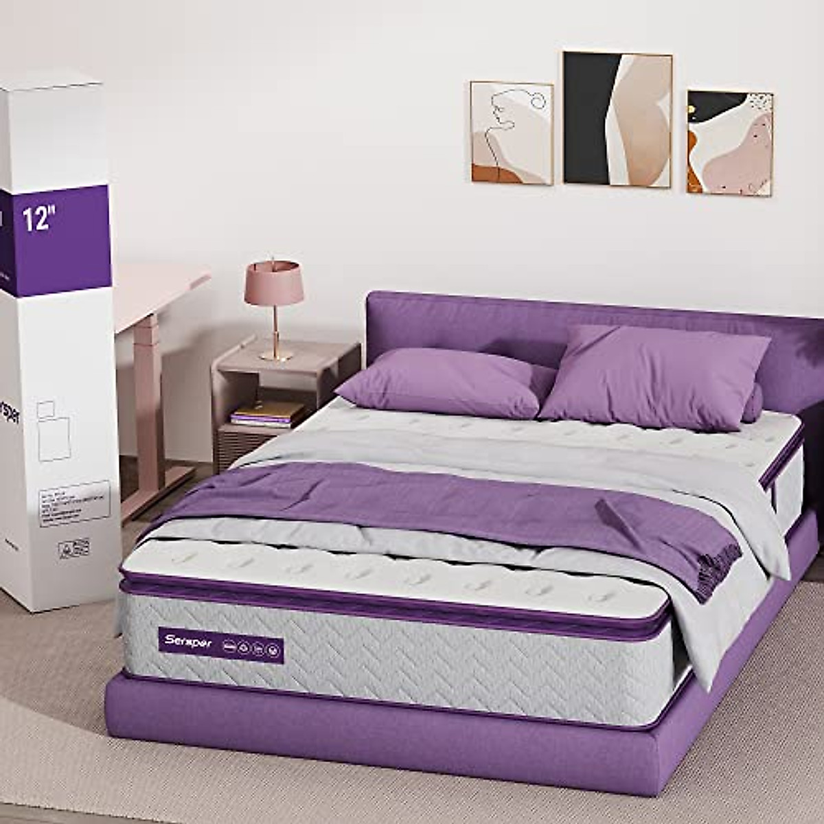 Sersper 12 Inch Memory Foam Hybrid Pillow Top Queen Mattress - 5-Zone Pocket Innersprings Motion Isolation -Heavier Coils for Durable Support -Medium Firm -Made in North America