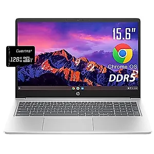 HP Chromebook 2023, 15.6" HD Display, Intel Processor N200 CPU(>i3-10110U,Upto 3.7 GHz), DDR5 8GB RAM - 64GB eMMc Storage + 128GB SD Card, HD Webcam, Numeric Keyboard, Long Battery, Chrome OS, Silver