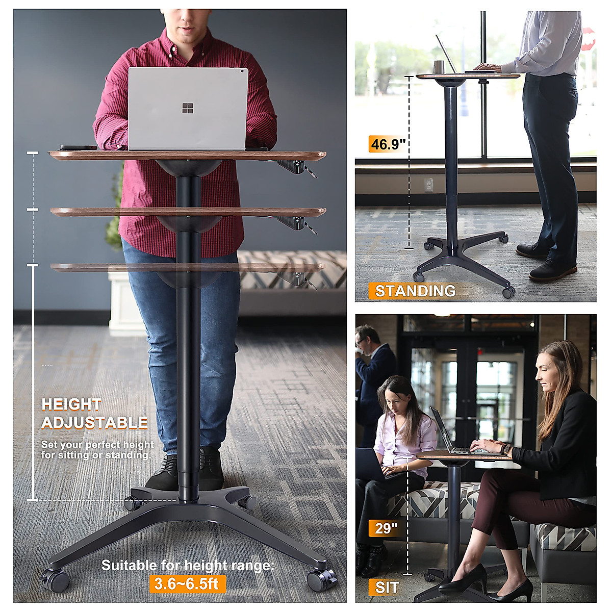 HAOOAH Pneumatic Adjustable Height Desk, Laptop Standing Desk, Rolling Sit-Stand Cart, Mobile Podium Portable Lectern for Home, Office& Classroom, 26" 19.3" Platform (29" to 46.9" H)，Brown