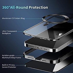 Upholyee [CD Metal Ring & Automatic Pop-up Lock Magnetic Privacy Case for iPhone 13 Pro Max [Compatible with MagSafe] [Integrated Lens Protection] Full Body Bumper Cover with Built-in 9H Glass-Black