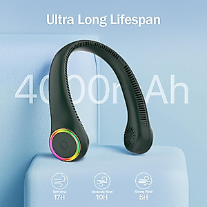 GULAKI Bladeless Portable Neck Fan - Rechargeable Hands Free USB Personal Fan Battery Operated with LED lights for Home Office Travel Indoor Outdoor (Dark Green)