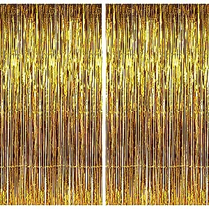 2 Pack 3.2ft x 8.2ft Gold Tinsel Backdrop,Metallic Foil Fringe Curtains Party Decorations Party Streamers Decor for Party Birthday Graduation Baby Shower Wedding Engagement (Gold)