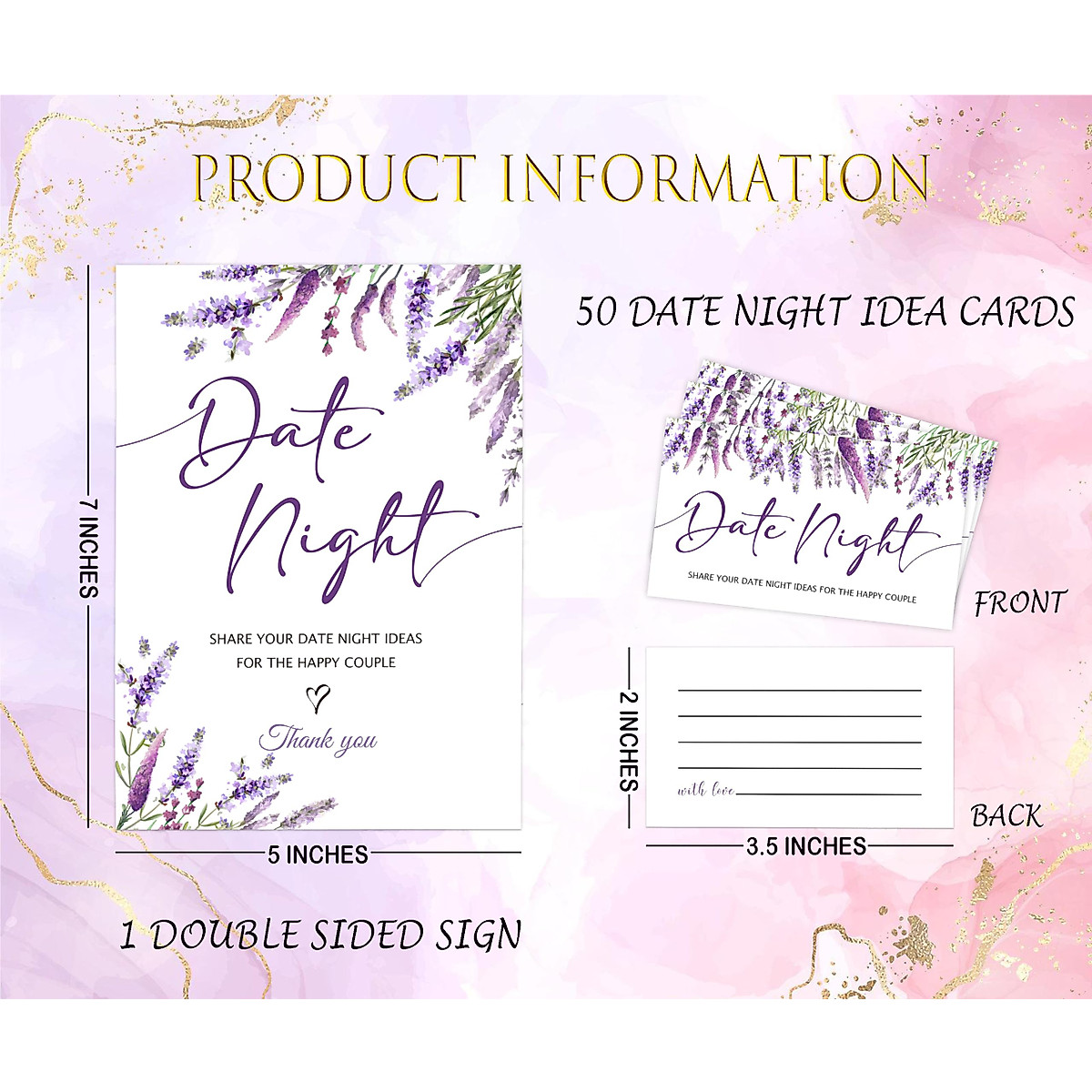 Lavender Purple Date Night Game, Date Night Ideas Sign with 50 Cards, Bridal Shower Game, Modern Bridal Shower Decorations, Wedding Date Night Advice - 09