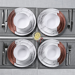 Melamine Dinnerware Sets for 4, 12-Pieces Plates and Bowls Sets, Unbreakable BPA Free, Suitable Indoors and Outdoors, Marble and Wood Color