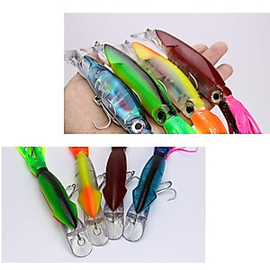 DAMIDEL 4 Pcs Large Simulation Squid Fishing Lures Bait Kit, Over 5.5 in/ 43g, 3D Holographic Eyes，Built-in Multicolored Lead BlocksThrough Heavy Duty ，Stable and Tempting