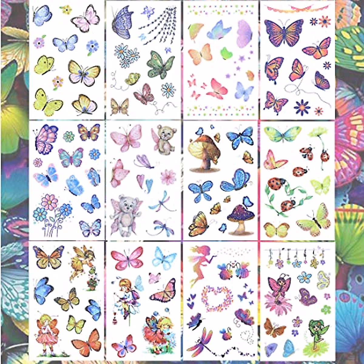 Ooopsiun Glitter Butterfly Temporary Tattoos for Girls -12 Sheets Butterfly Party Favors Decorations for Kids Women