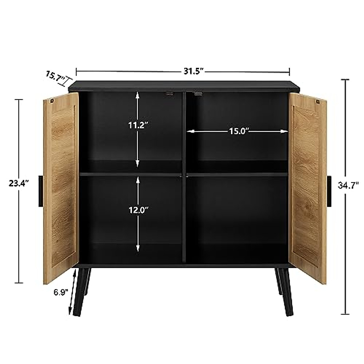 Iwell Boho Sideboard Buffet Cabinet, Kitchen Storage Cabinet with Natural Rattan Door & 2 Adjustable Shelves, Rattan Cabinet, Accent Cabinet for Living Room, Kitchen, Entryway, Black