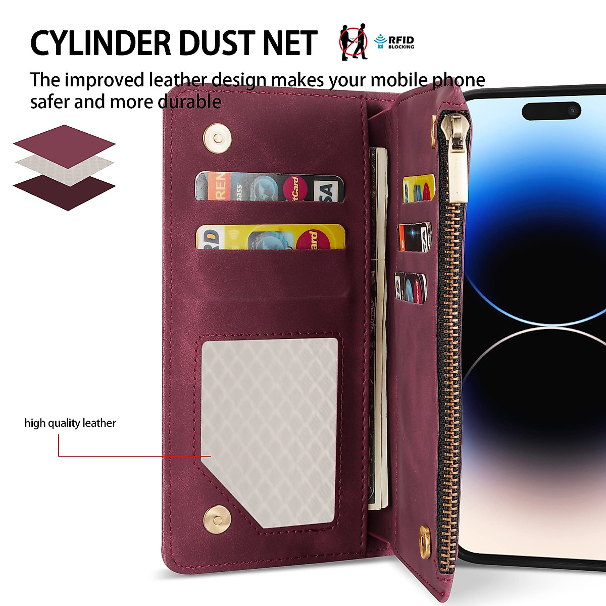 ZZXX iPhone 14 Pro Max Case Wallet with [RFID Blocking] Card Slot Soft PU Leather Zipper Flip Folio with Wrist Strap Kickstand Protective Cover for iPhone 14 Pro Max Wallet Case(Wine Red-6.7 inch)