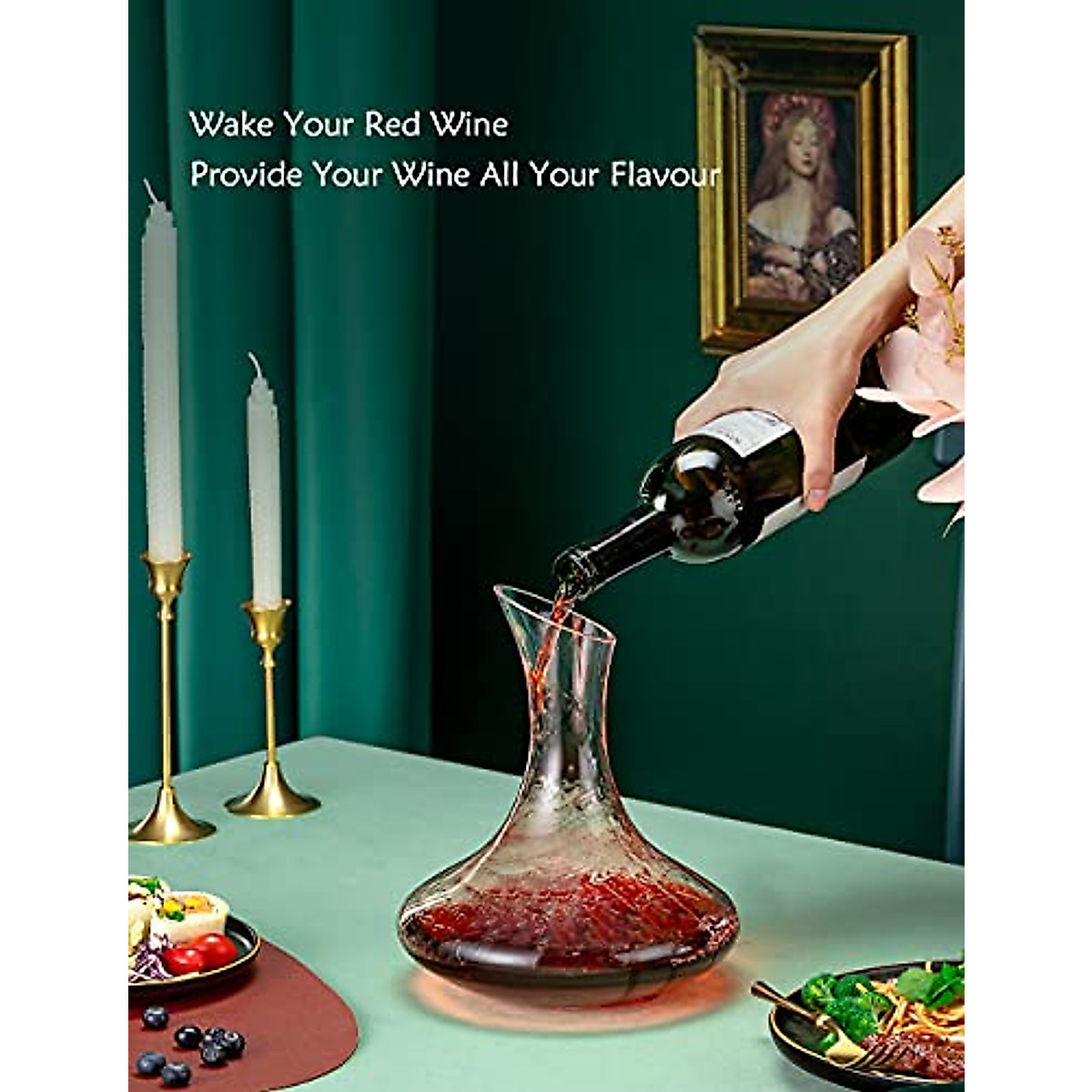 Gezzeny Wine Decanter, 50 oz Crystal Decanter Set 1.5L Wine Carafe, Red Wine Glass Decanter Set with Wine Accessories - Two Red Wine Glasses, Cleaning Beads, Drying Stand, Wine Gifts for Men/Women