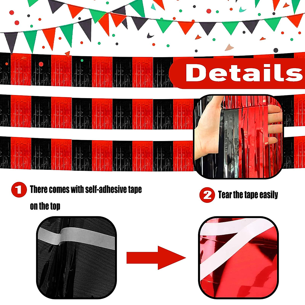 6 Pack 10 Feet Black Red Foil Fringe Garland Metallic Tinsel Streamers Banner Wall Hanging Curtain Backdrop Banner for Parade Floats, Valentine's Day, Wedding, Birthday, Mardi Gras Party Decorations