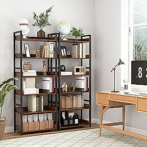 Giantex Industrial 6-Tier Bookshelf, 70" Tall Freestanding Storage Display Shelf with 4 Hooks, Anti-Tipping Device, Adjustable Foot Pads, Wooden Floor Open Display Shelving, Bookcase Shelf Rack