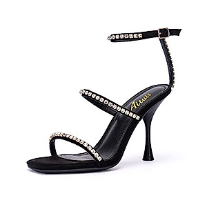 Aituis Women's Bling Rhinestone Heel Sandals Glitter Square Open Toe with Diamond Strap, Ankle Strap Sparkly Stiletto Dressy Sexy Summer High Heeled Shoes for Ladies Girls Party Club Silver, Black