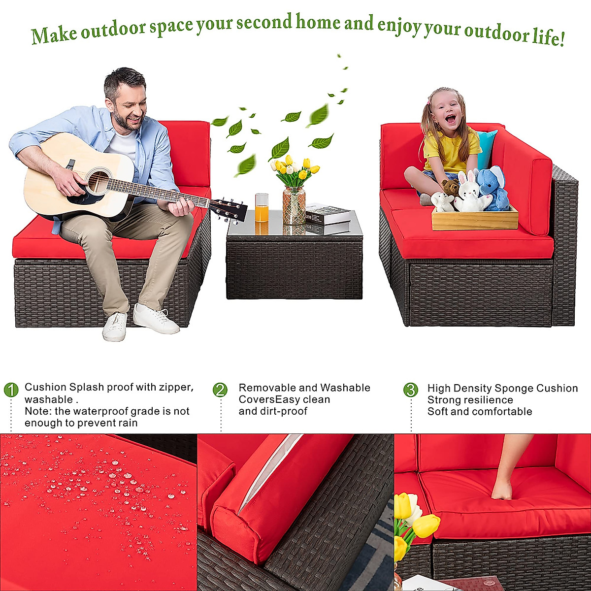 Vongrasig 5 Piece Furniture, Small All-Weather Brown PE Wicker Outdoor Couch Sectional Patio Conversation Set Garden Patio Sofa w/Ottoman, Glass Table, Red