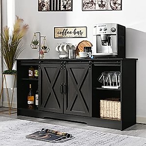 4 EVER WINNER Buffet Cabinet with Storage, 60” Kitchen Sideboard Cabinet with Sliding Barn Doors, Farmhouse Coffee Bar Cabinet Black Buffet Server Cabinet for Living Room Dinning Room, Espresso