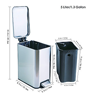 CLTEC 5L/1.3Gal Stainless Steel Trash Can with Lid Soft Close, Removable Inner Waste Basket, Slim Small Garbage Can, Rectangular Step Trash Bin for Bathroom Bedroom Office, Anti-Fingerprint, Silver