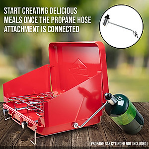 Hike Crew Gas Camping Stove | Portable Double Propane Burner | Built-in Carrying Handle, Foldable Legs & Wind Panels | Includes Regulator Tube