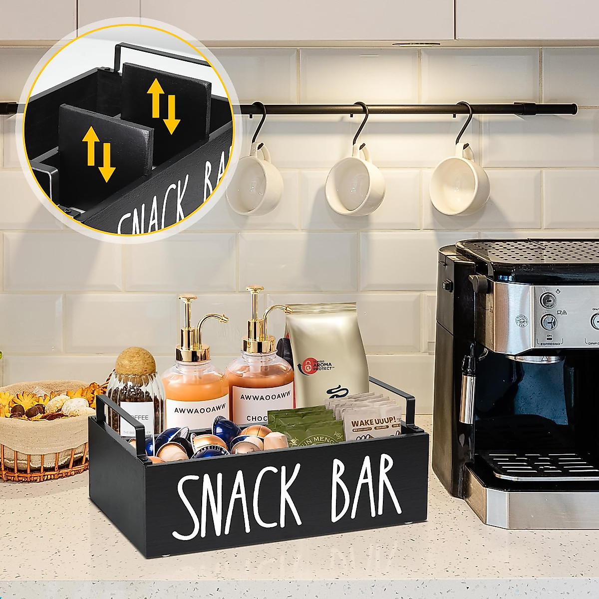 Y&ME YM Snack Organizer for Home & Kitchen Organization, Wooden Pantry Storage Bins with Handles, Snack Organizer for Pantry, Countertop, Kitchen, Party, Snack Storage Basket for Chips, Packets.