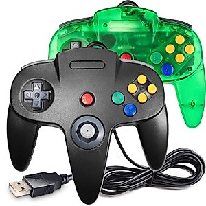 2 Pack Classic N64 Controller, suily N64 Wired USB PC Game pad Joystick, N64 Bit USB Wired Game Stick Joy pad Controller for Windows PC MAC Linux Raspberry Pi 3 Sega Genesis (Clear Green/Black)