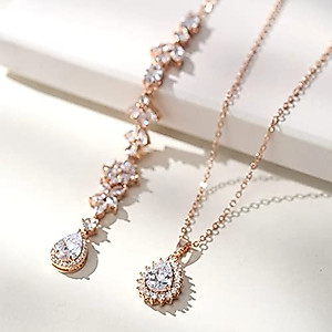 SWEETV Teardrop Wedding Bridal Backdrop Necklace, Rose Gold Cubic Zirconia Back Pendant Necklace for Bride Bridesmaids Women, Body Chain Jewelry for Prom Wedding