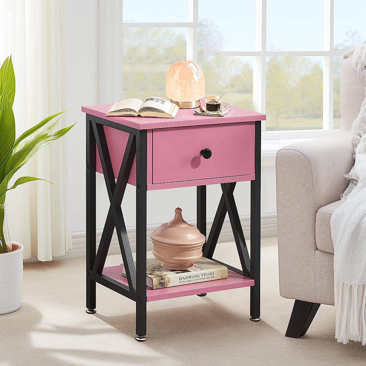 VECELO Nightstand,Modern Bedside End Table, Night Stand with Drawer and Storage Shelf for Living Room Bedroom, Industrial Metal Frame