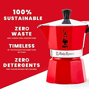 Bialetti - Moka Espress: Iconic Stovetop Espresso Maker, Makes Real Italian Coffee, Moka Pot 6 Cups (6 Oz), Aluminium, Red