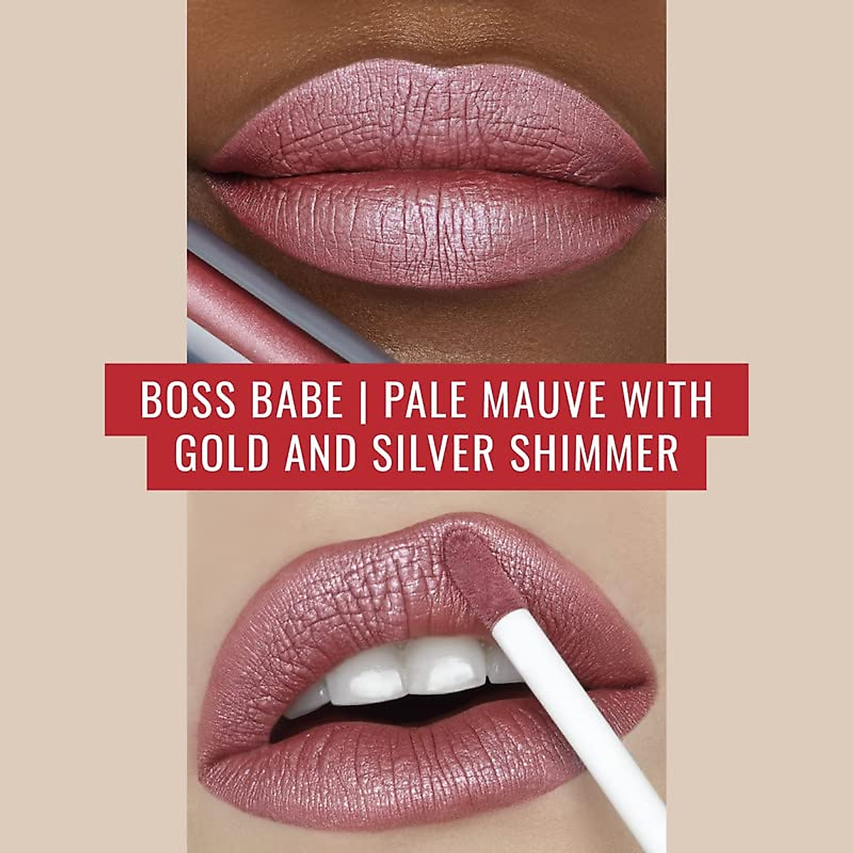 Runway Rogue Pearl Glam Long Wear Shimmer Liquid Lipstick, Pale Mauve Lipstick with Silver and Gold Shimmer, ‘Boss Babe’