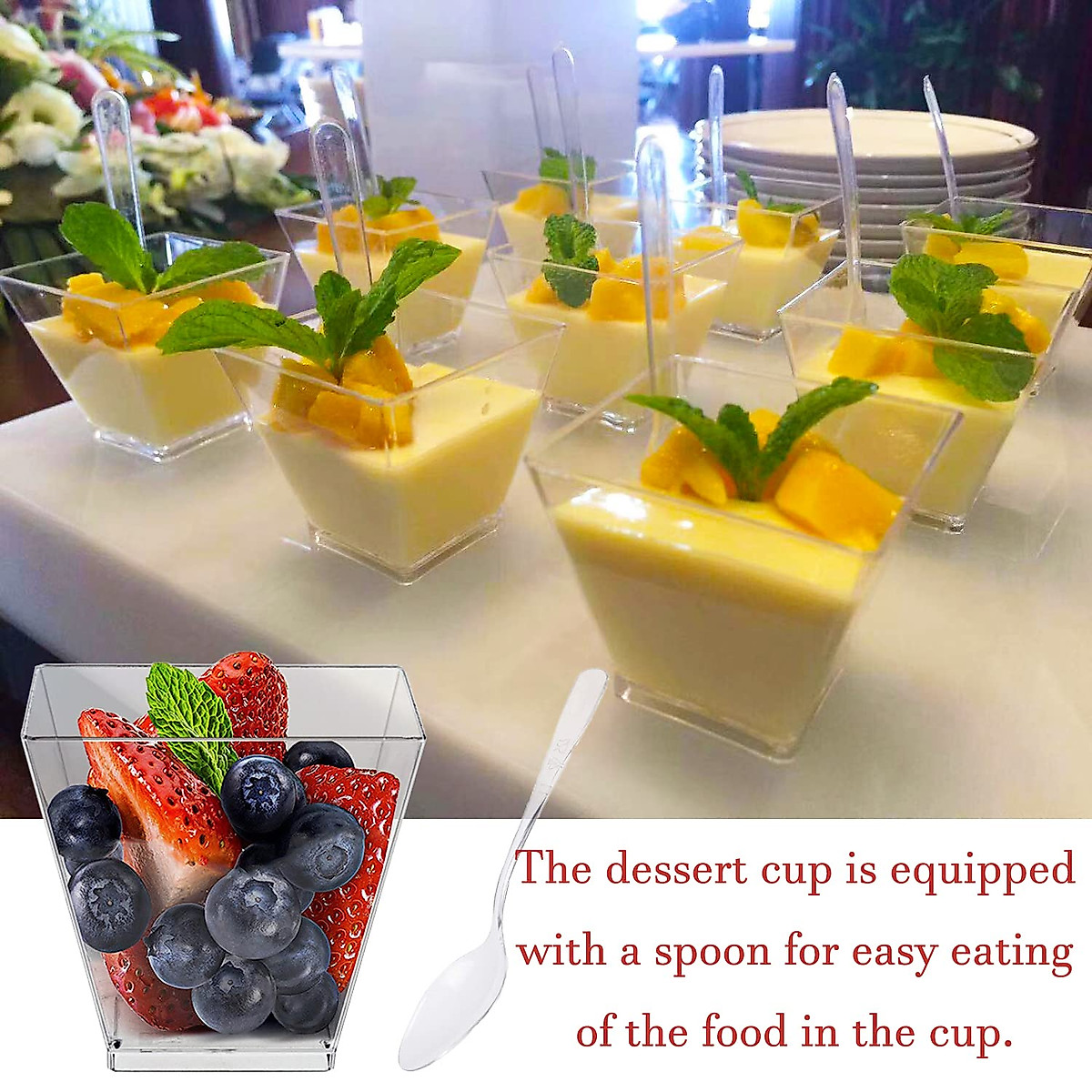 50 Pack 3.5 Oz Plastic Mini Square Dessert Cups with Spoons,Plastic Parfait Appetizer Cup,Disposable Plastic Cups for Puddings Mousse Desserts