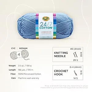 Lion Brand 24/7 Cotton Yarn, Lightweight Yarn for Knitting, Crocheting, and Crafts, Sky, 1 Pack